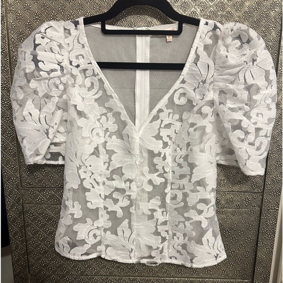 Peach | Tops | Peach Sheer Lace Puff Sleeve Top | Poshmark